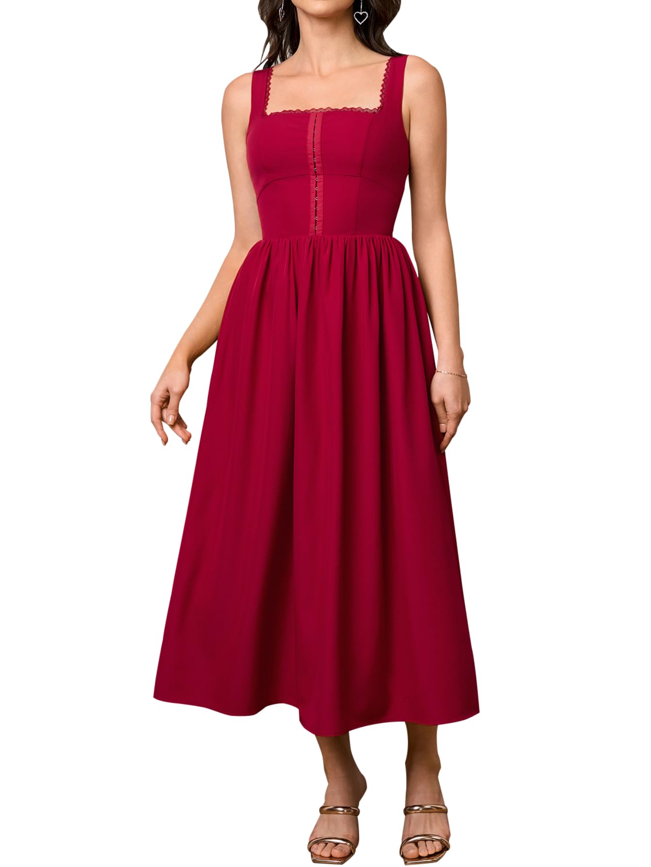 KUTUMAI Lace Square Neck Corset Midi Dress Summer Smocked Flowy A Line ...