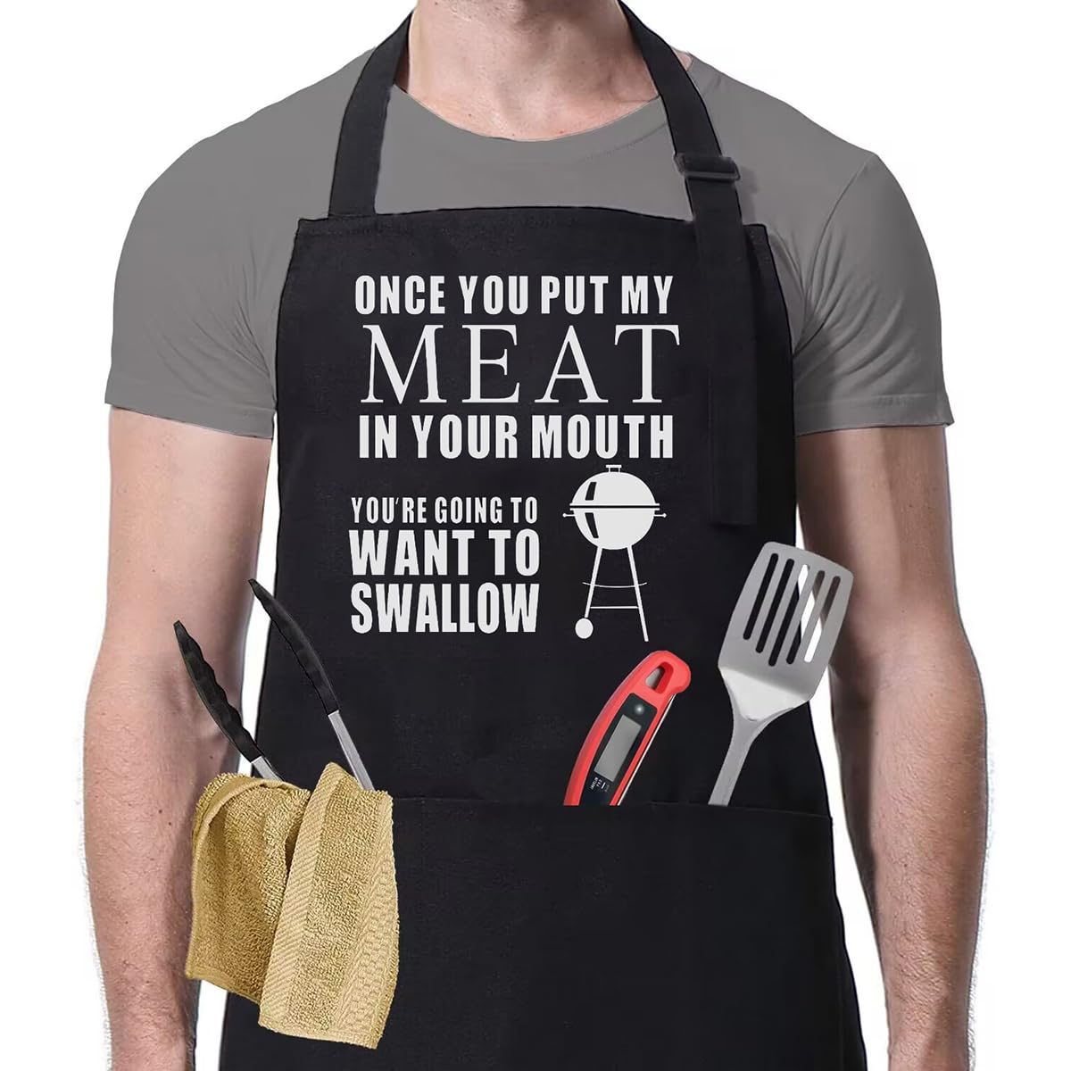 YuanDe Funny Grilling Apron, Black BBQ Cooking Gift with 3 Large ...