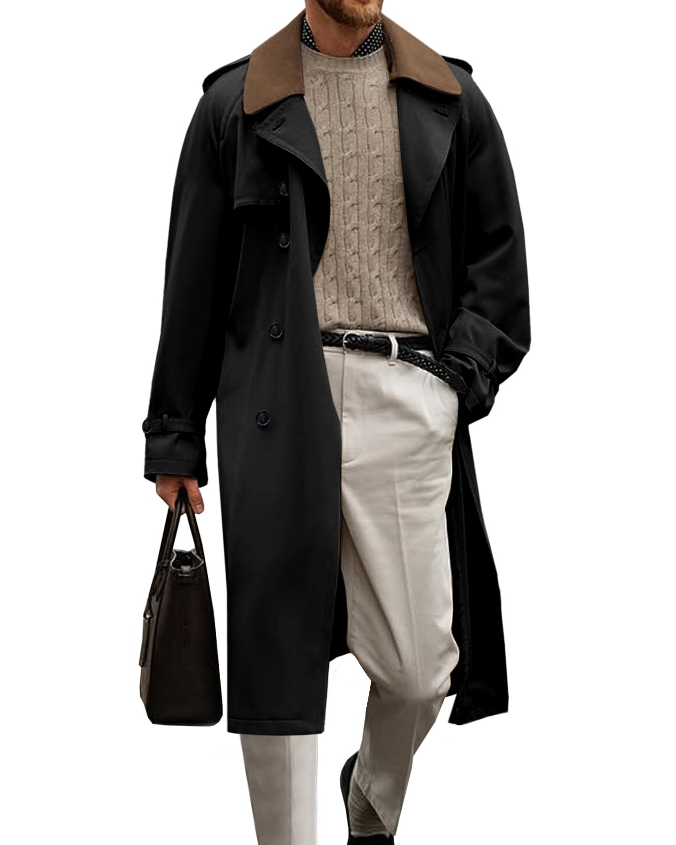Runcati Mens Trench Coat Double Breasted Notched Lapel Long Jacket Fall ...