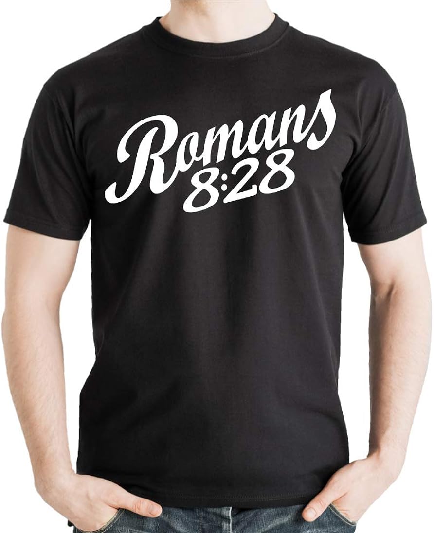 Amazon.com: Romans 8:28 Christian T-Shirt Black Shirt: Clothing