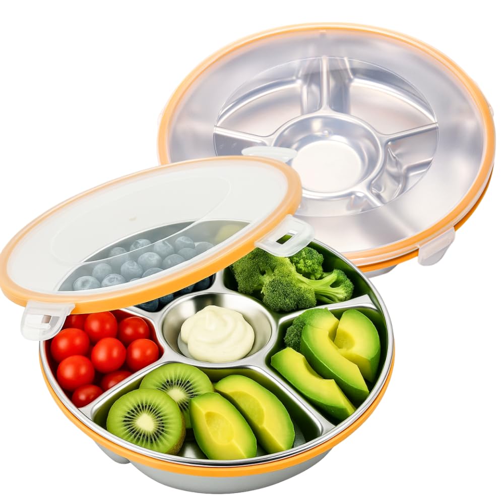 Youeon 2 Pack Divided Serving Tray with Lid, 9 Inch Round Stainless ...