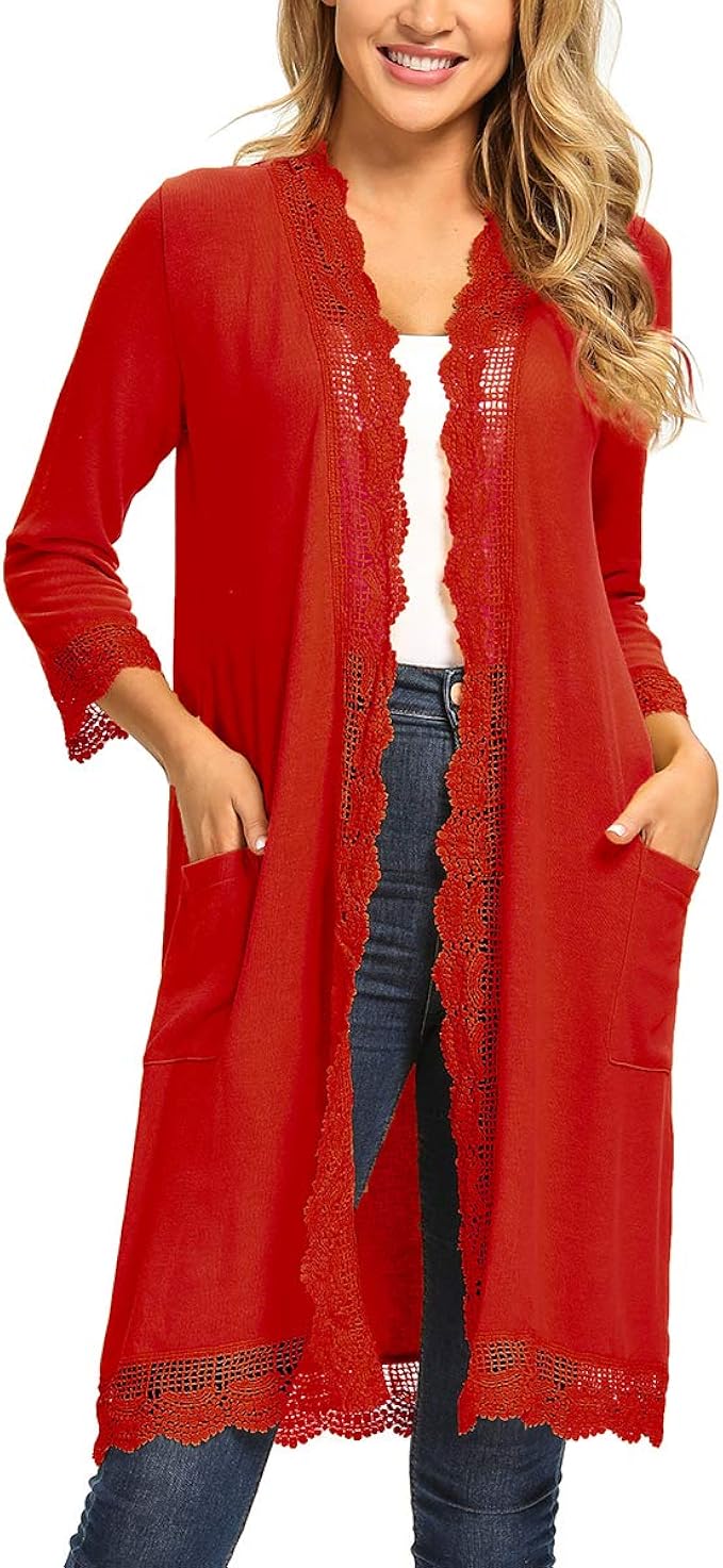 CARCOS Ladies Casual Midi Length Open Front Lace Cardigan with Pockets ...