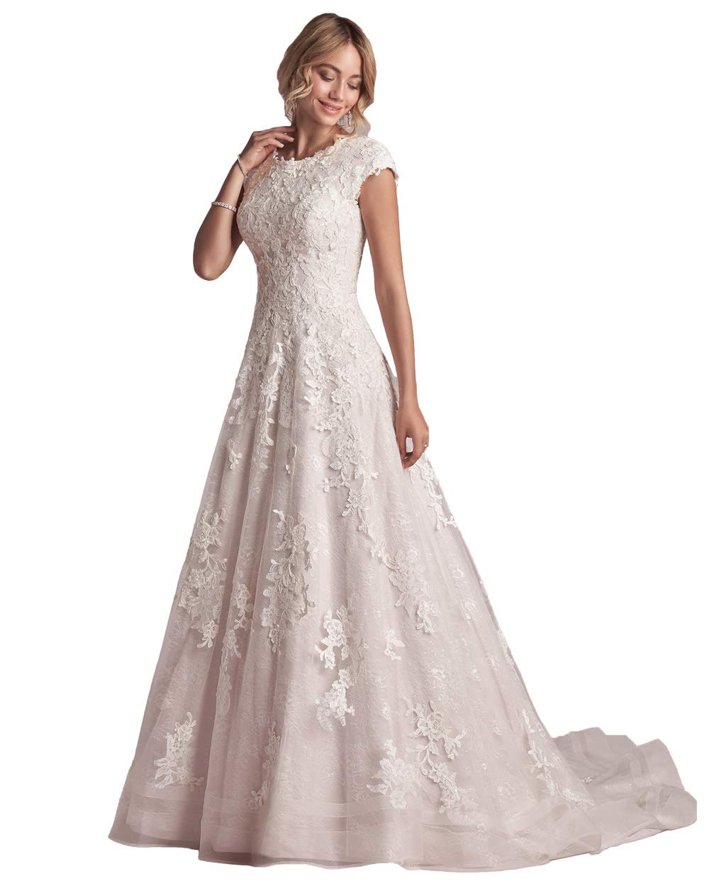 Miao Duo Women's Lace Appliqued Wedding Dress A Line Cap Sleeve Wedding ...