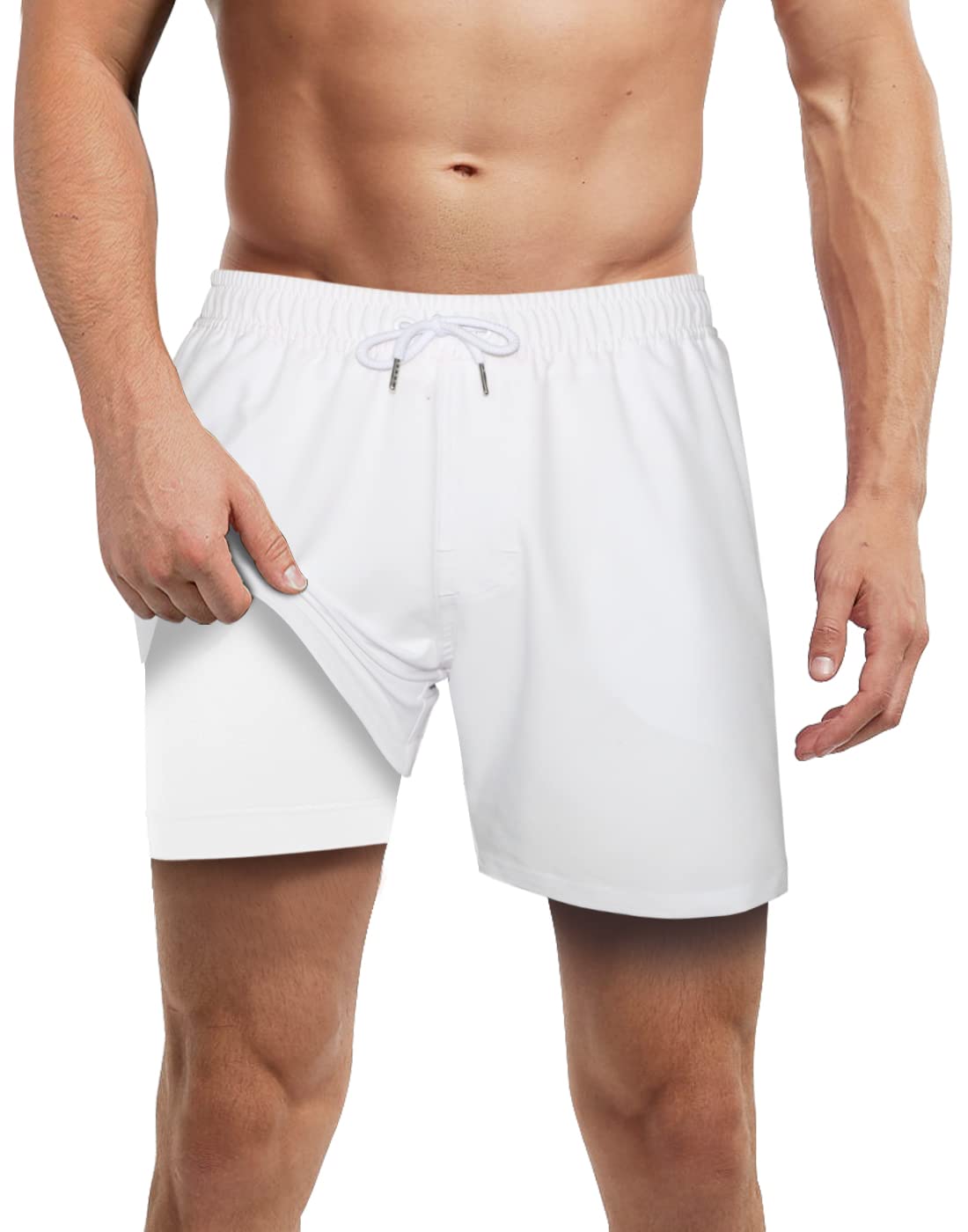 LUCOWEE Mens White Swim Trunks with Compression Liner no Mesh Jammer ...