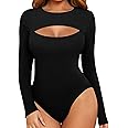 MANGOPOP Womens Long Sleeve Bodysuit Sexy Front Cutout Round Neck Body Suits, Black, Medium ...
