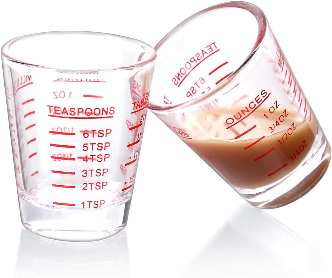 Shot Glasses Measuring Cup Round Liquid Heavy Glass Espresso Shot Glasses 1 OZ 4 Features (2Pack ...