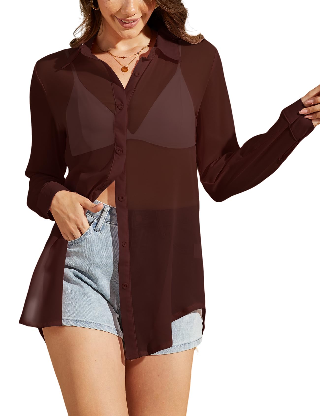 Arssm Women Sheer Button Up Blouse Mesh Long Sleeve Sexy See Through ...