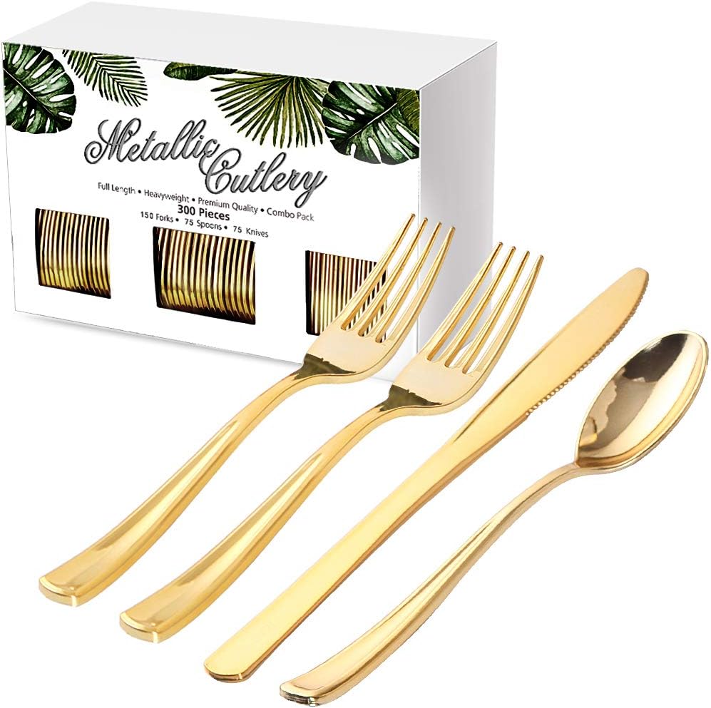 Amazon.com: NERVURE 300 Piece Gold Plastic Silverware Set, Heavyweight ...
