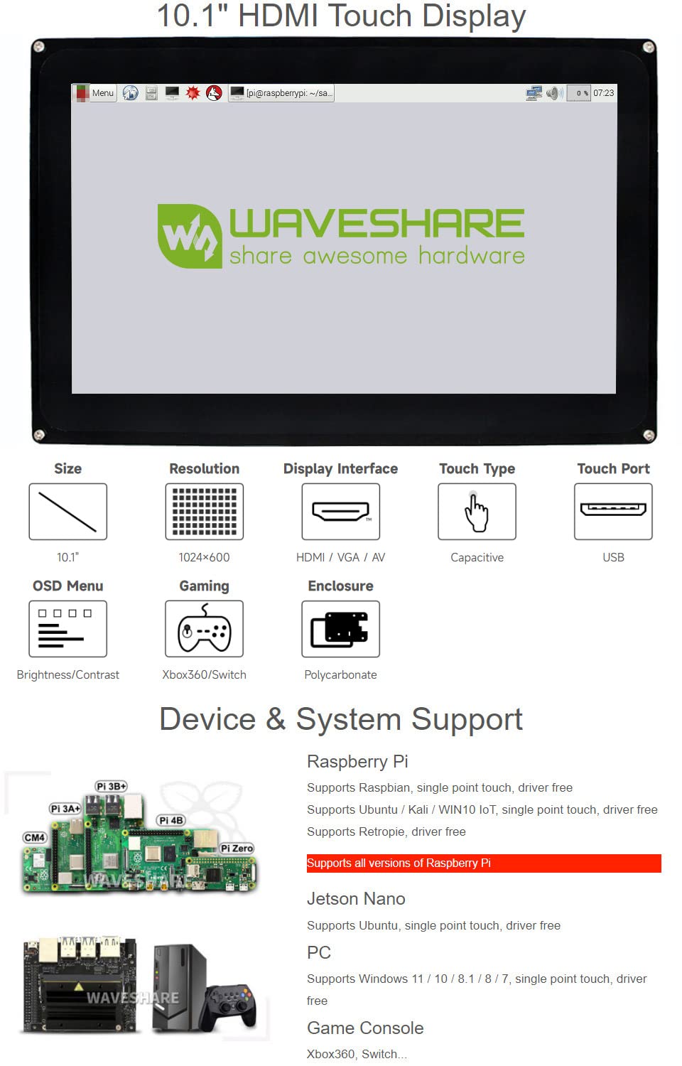Waveshare 10.1inch Capacitive Touch Screen LCD With Case Compatible ...
