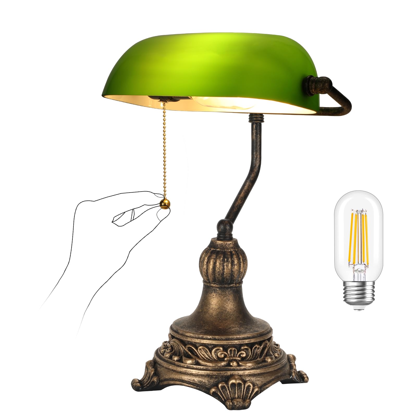 NISSAFORS Bankers Lamp with Pull Switch, Green Glass Desk Lamp with ...