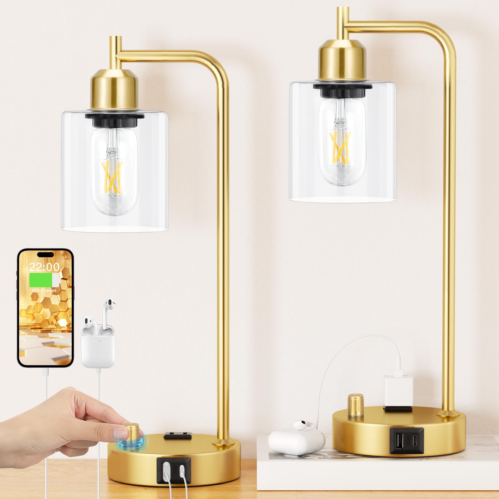 Industrial Table Lamps for Bedroom Set of 2 - Fully Dimmable Bedside ...