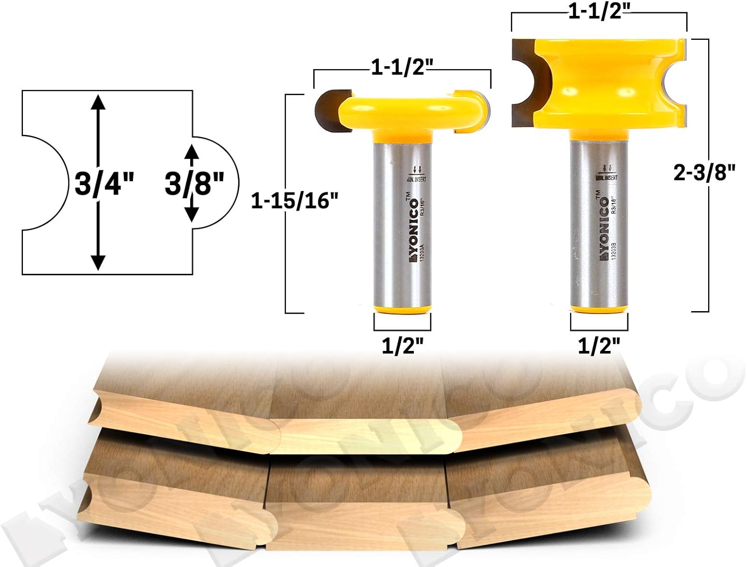 Yonico 13203 3/8-Inch Bead 2 Bit Canoe Joint Router Bit Set 1/2-Inch ...
