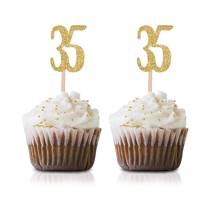 Gold Happy 35th Birthday Cupcake Topper, 24-Pack Number 35 Glitter ...