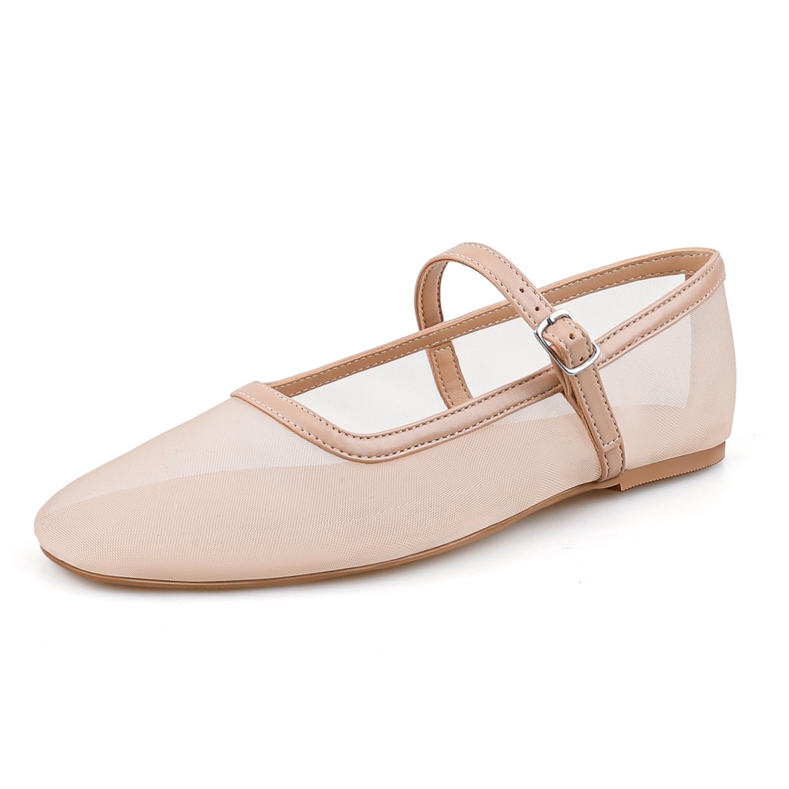 BCTEX COLL Nude Mesh Ballet Flats Mary-Jane Ballerina Flats Square Toe ...