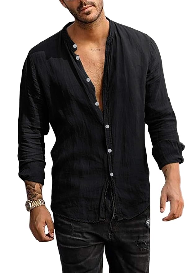 Buy Bbalizko Mens Linen Button Up Shirt Long Sleeve Loose Casual Beach ...