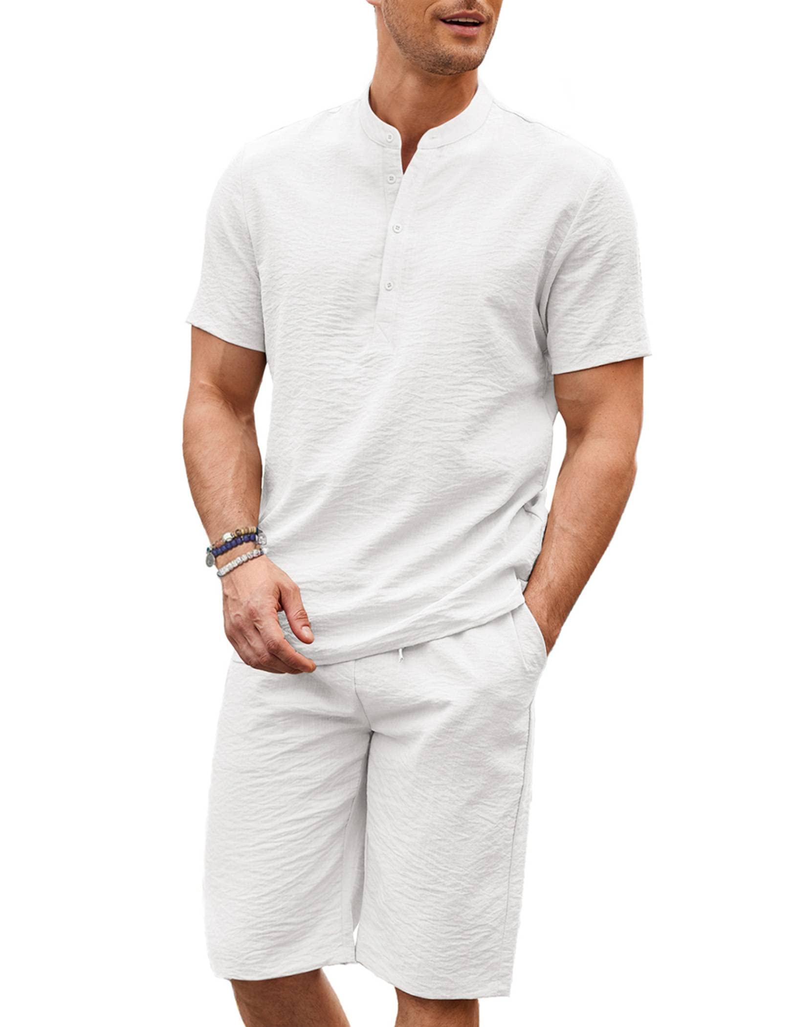 COOFANDY Men's 2 Pieces Linen Set Casual Henley Shirts Short Sleeve Beach Yoga Shorts Summer ...