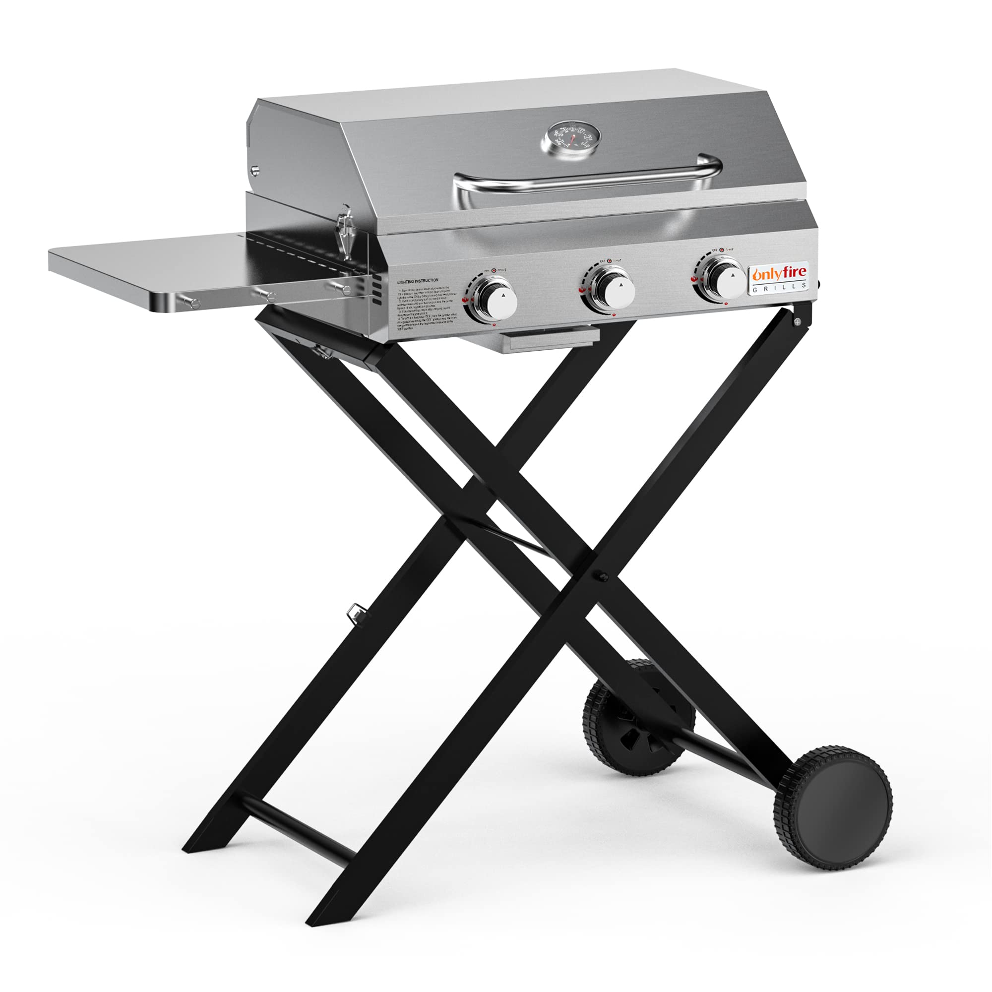 Onlyfire BBQ Gas Grill 3-Burner with Foldable Cart & Side Table ...