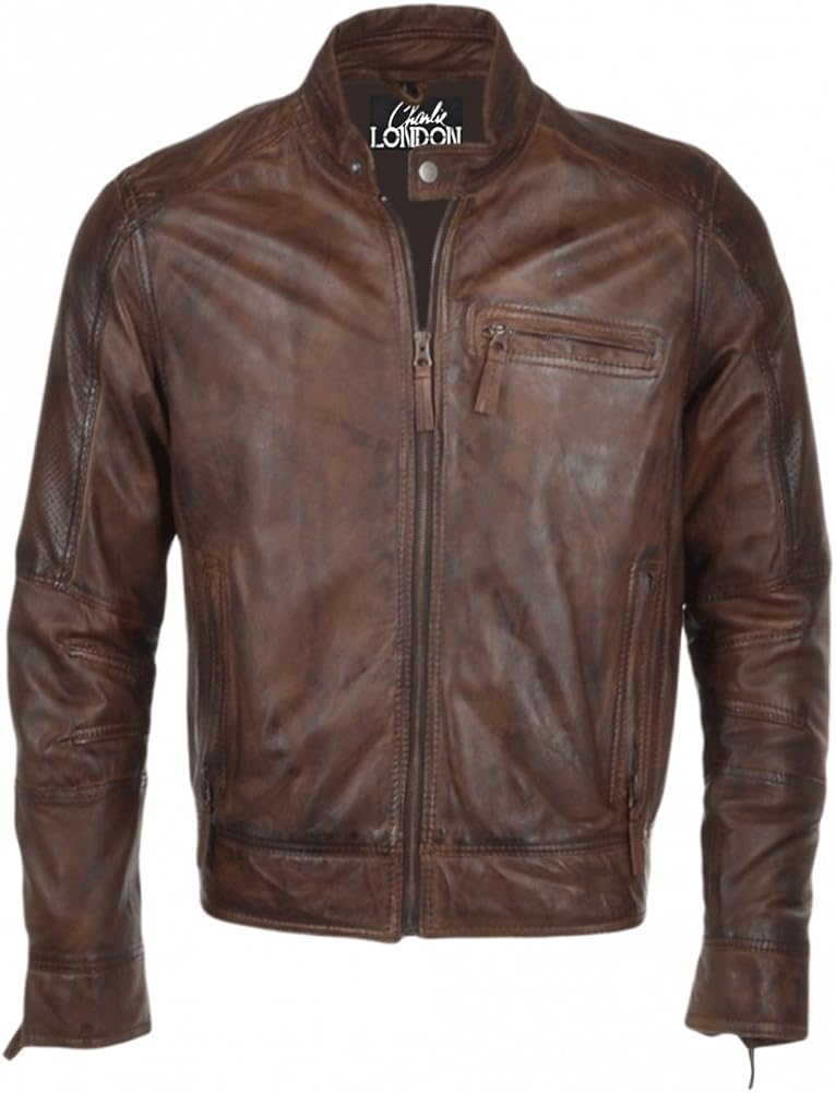 Charlie LONDON Mens Ashwood Biker Style Vintage Brown Leather Jacket ...