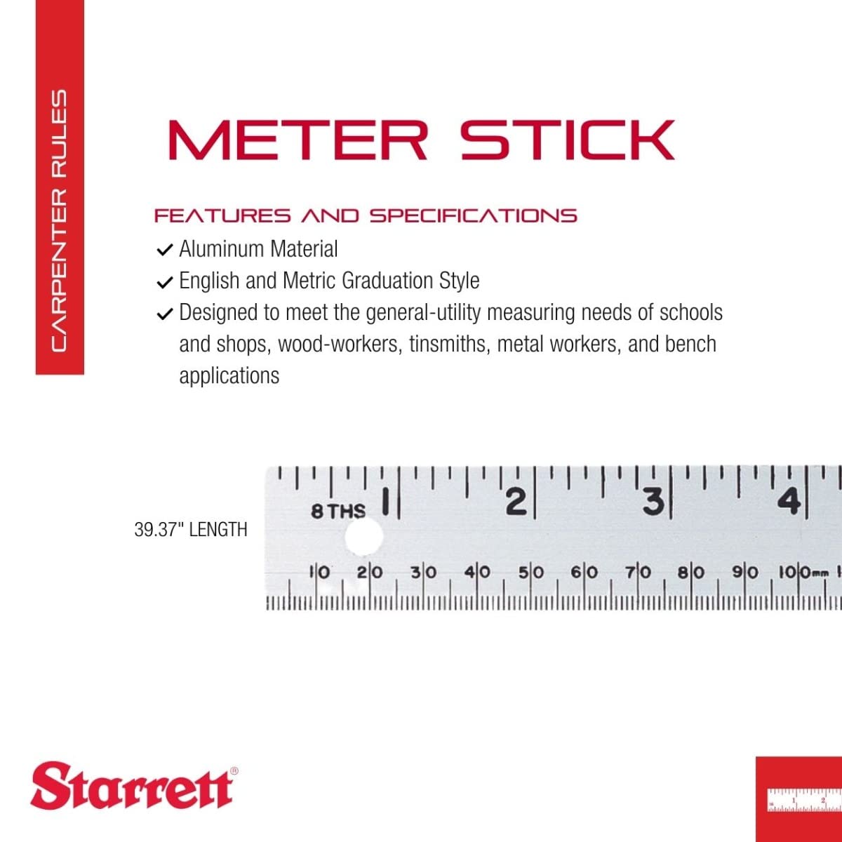 Starrett Aluminum Meter Stick Metric/English - 39.37" Blade Length, 1-1 ...