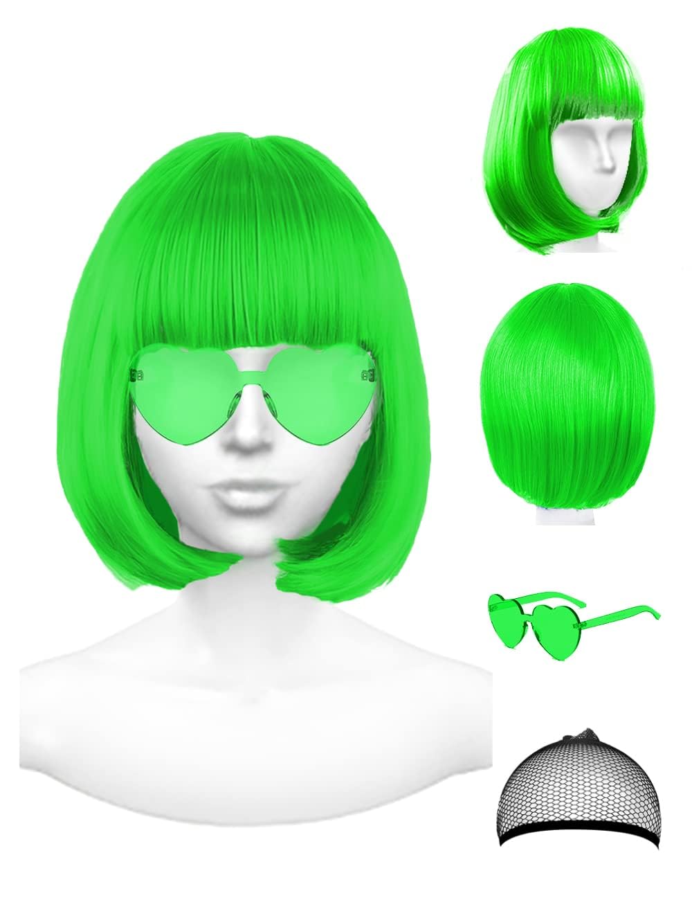 NSODREEM Green Wig and Party Sunglasses, Neon Short Bob Wig, Wigs for ...