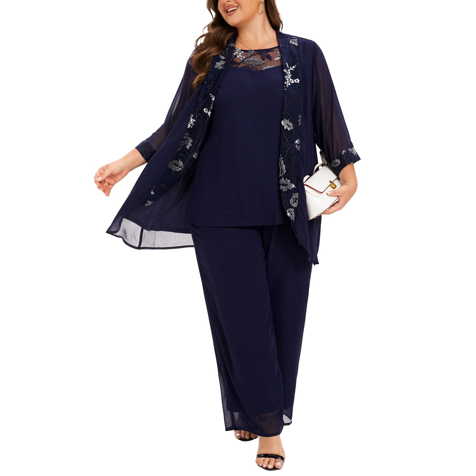 Women's Plus Size Wedding Pant Suits 3 Piece Chiffon Party Outfit for ...