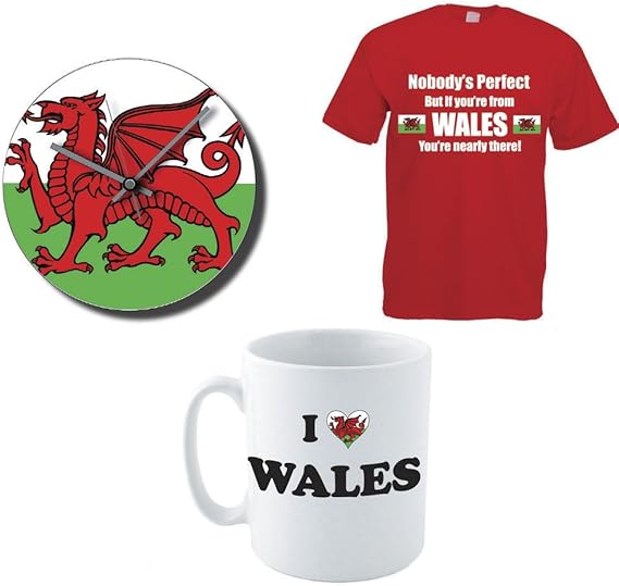 WALES / WELSH FLAG THEMED GIFT SET - Gift Idea / Men's T-shirt / Clock ...