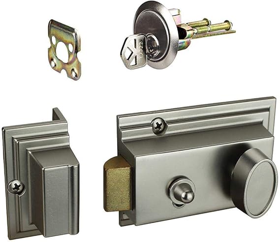 Defiant Satin Nickel Deadbolt Lock with Night Latch, Holdback Button ...
