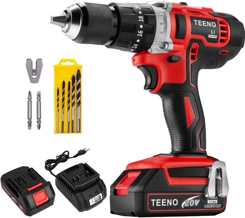 TEENO Hammer Drill Driver 20V 1/2" Cordless Drill Set 1x2.0Ah Li-Ion ...