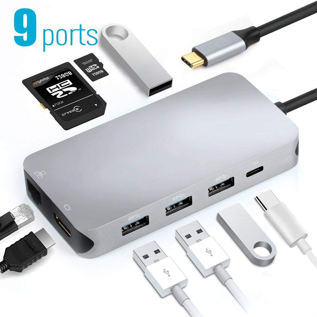 USB C Hub, 9 in 1 USB C to HDMI & RJ45 Gigabit Ethernet LAN Network Hub ...