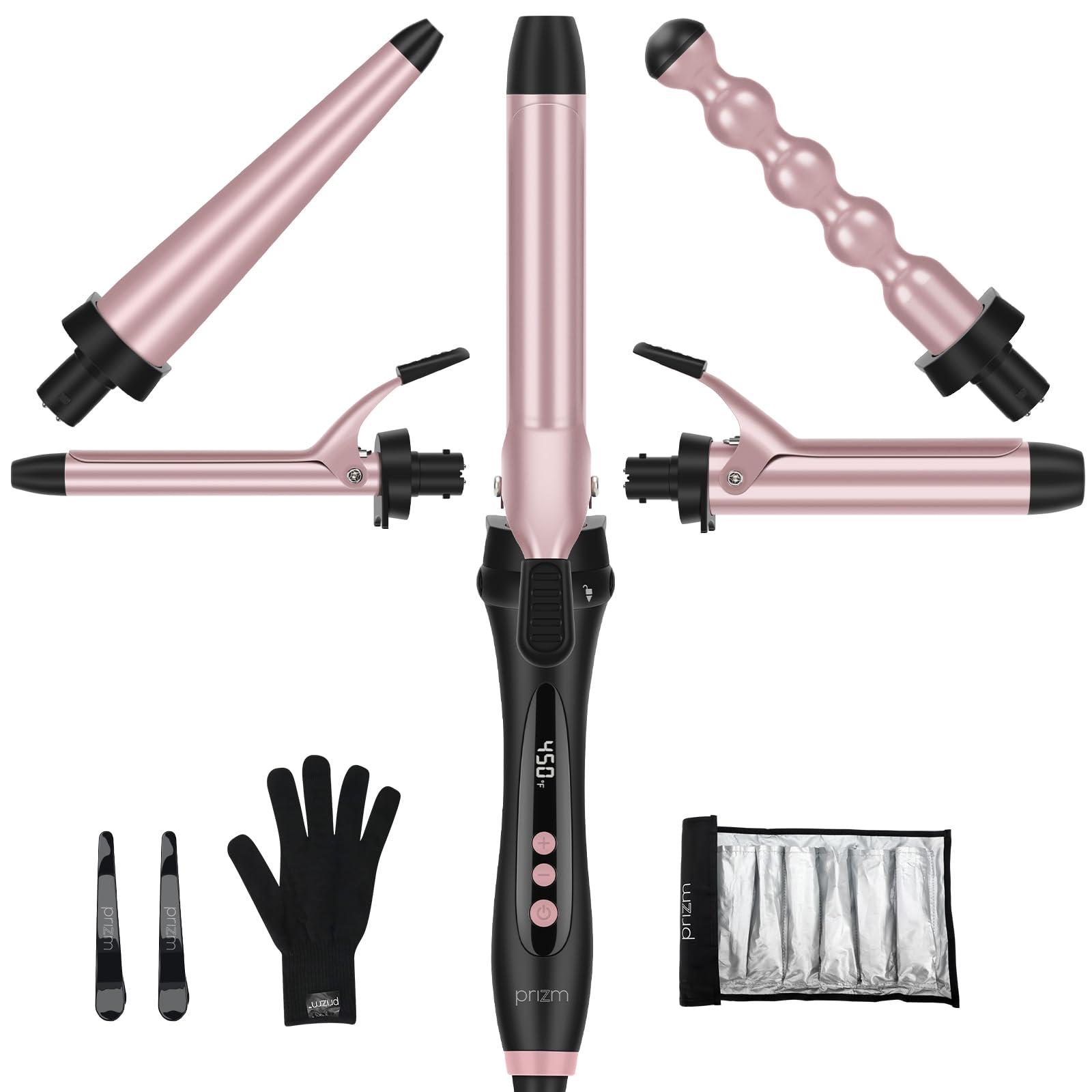 Prizm Curling Iron Set with Clamp,5 Interchangeable Barrel Curling Wand ...