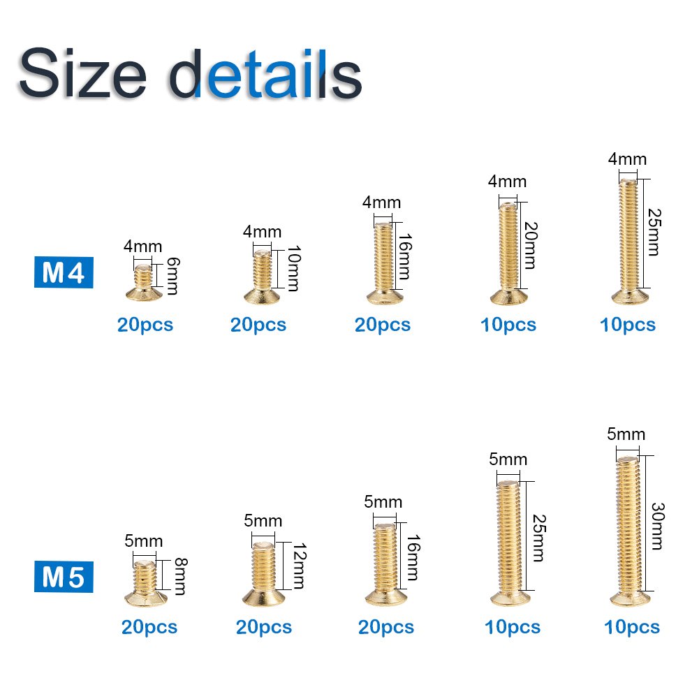 increway-machine-screws-160-pcs-m4-m5-10-sizes-brass-flat-head-bolts