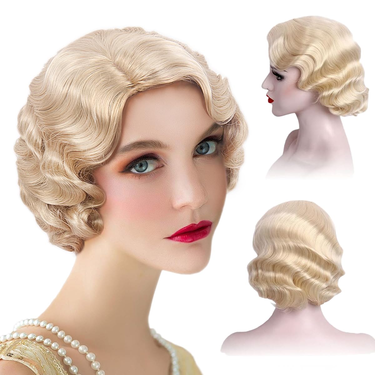 REEWES Long 1920s Wig Finger Wave Wig 613 Curly Short Wig Vintage Wigs ...