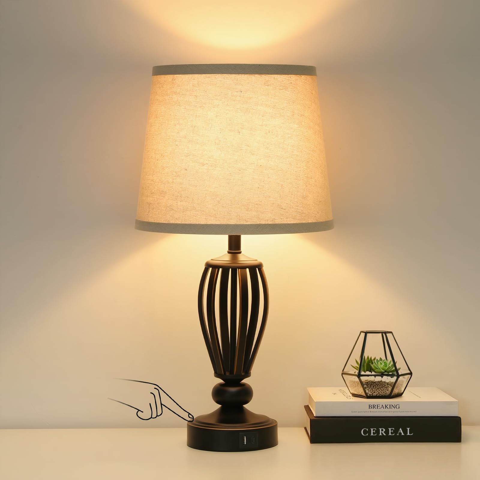 USB Bedside Lamp, 3-Way Dimmable Touch Table Lamp with USB C+A Charging ...