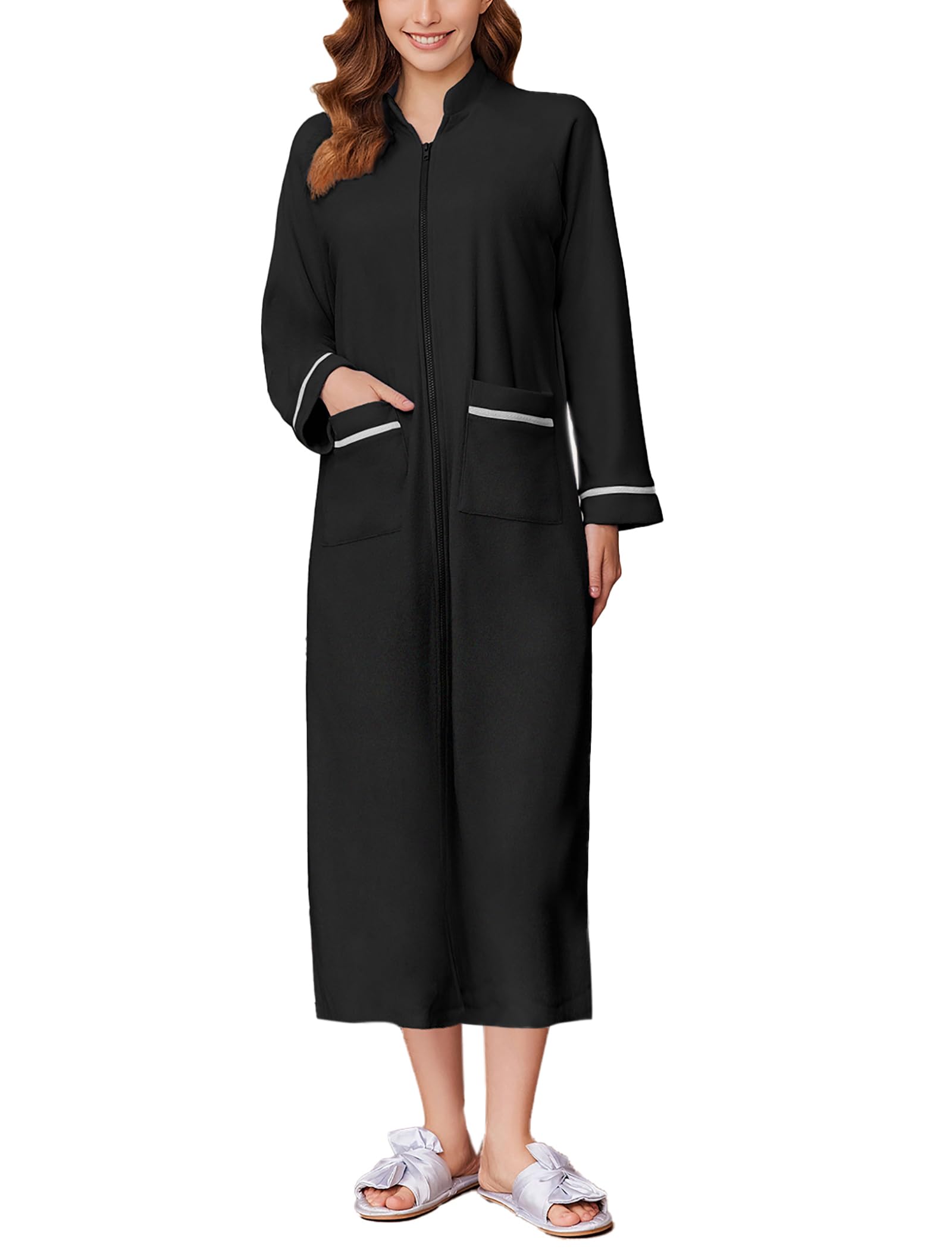 Ekouaer Women's Zipper Robes Long Sleeve Loungewear Knee Length ...