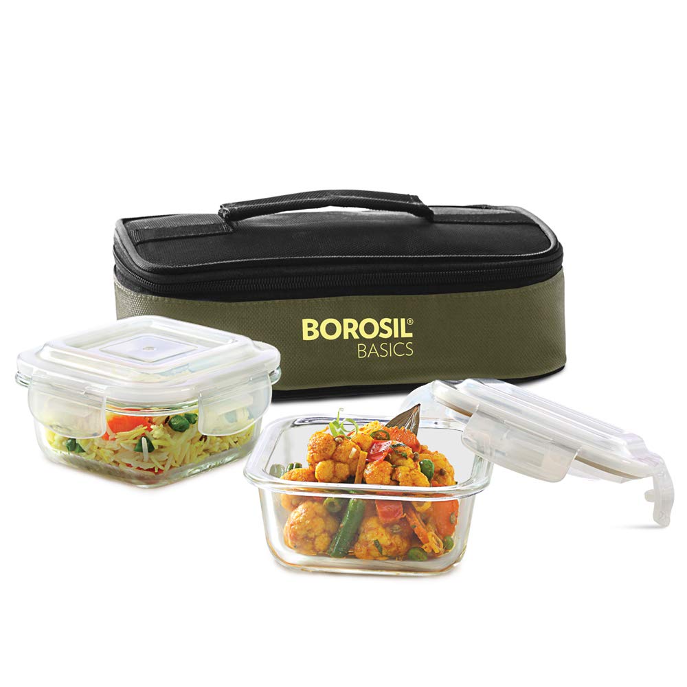 Buy Borosil Basics Glass Lunch Box Set of 2, 320 ml, Square, Horizontal ...