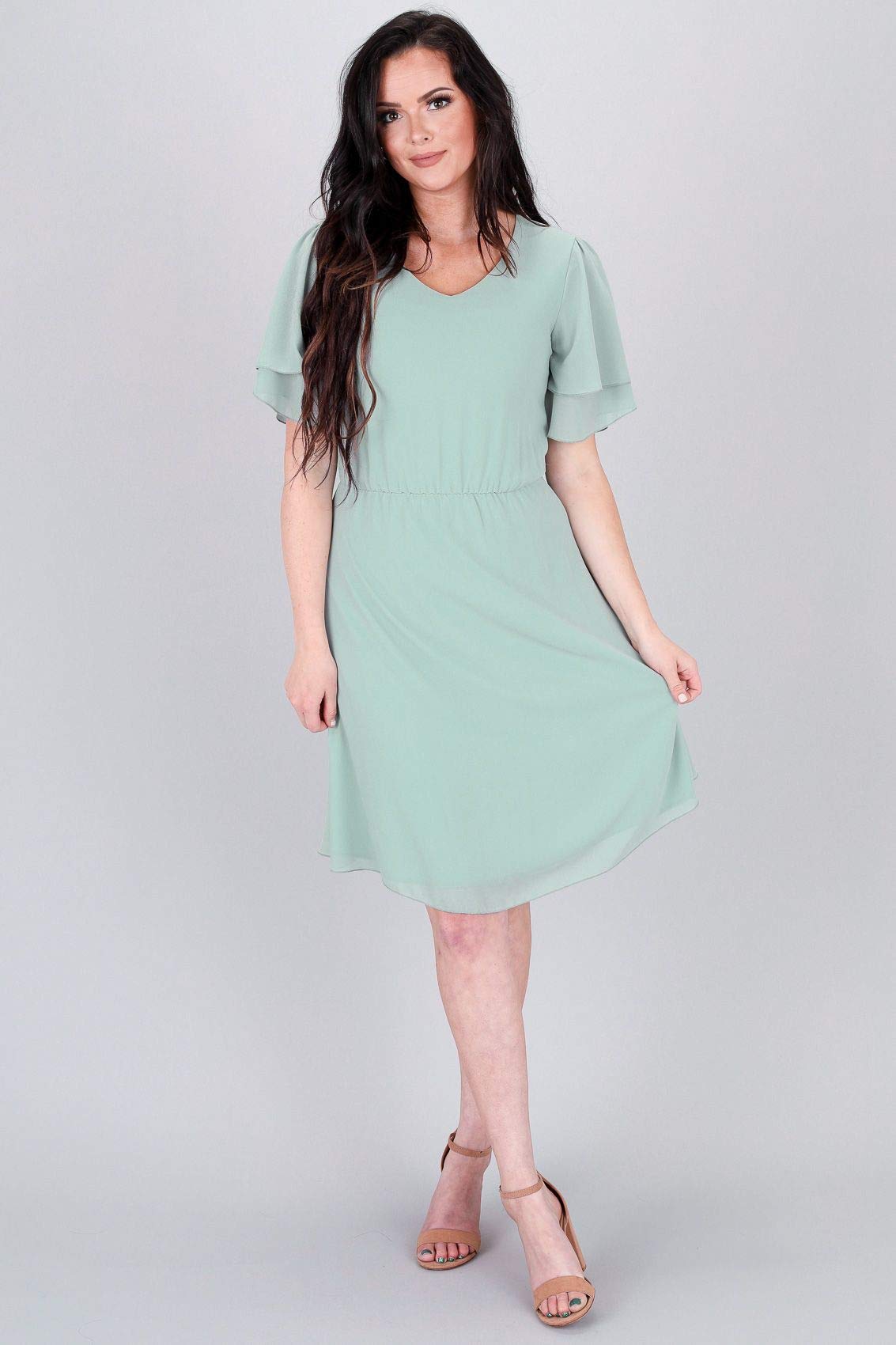 Mikarose Women's Claire Modest V-Neck Tiered Flutter-Sleeve Chiffon Dress