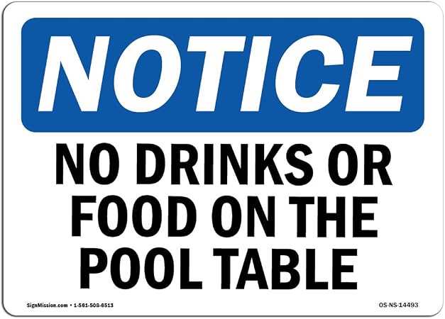 Amazon.com : OSHA Notice Sign - No Drinks Or Food On Pool Table ...