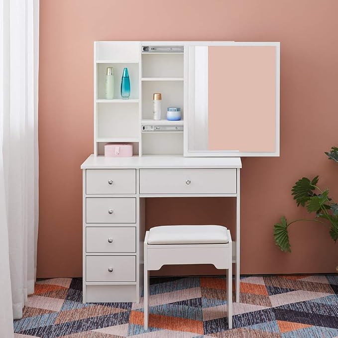 OFCASA White Dressing Table Set With Sliding Mirror Makeup Desk With 5 OFCASA White Dressing Table Set With Sliding Mirror Makeup Desk With 5