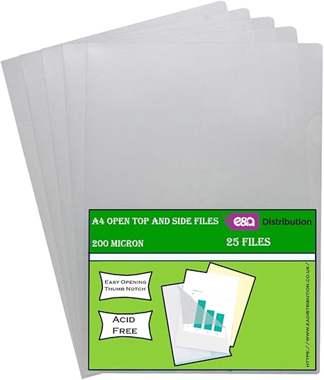 A4 Clear Plastic Open Top & Side Report File Project Covers Sleeves (25 ...