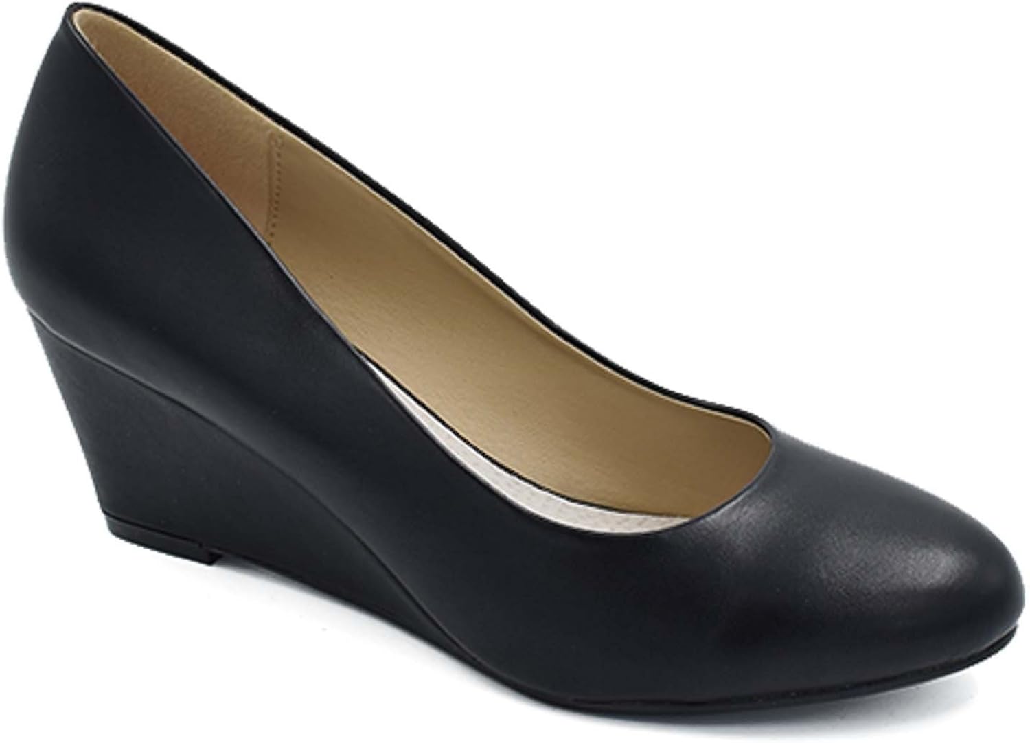 Greatonu Women's Black Comfort Almond Toe Mid Heel Wedge Pump Shoes ...