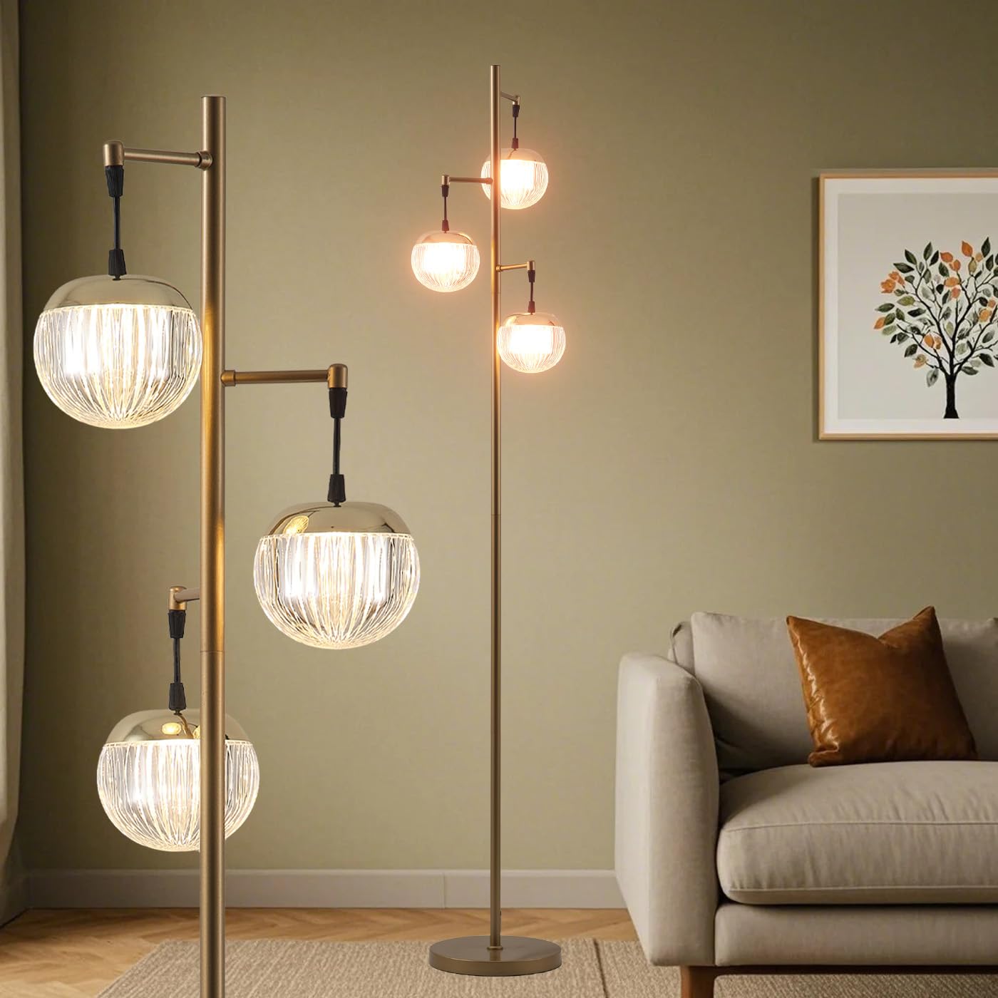 Fiqevs 3 Globe Gold Floor Lamps for Living Room with Orb Crystal Shade ...