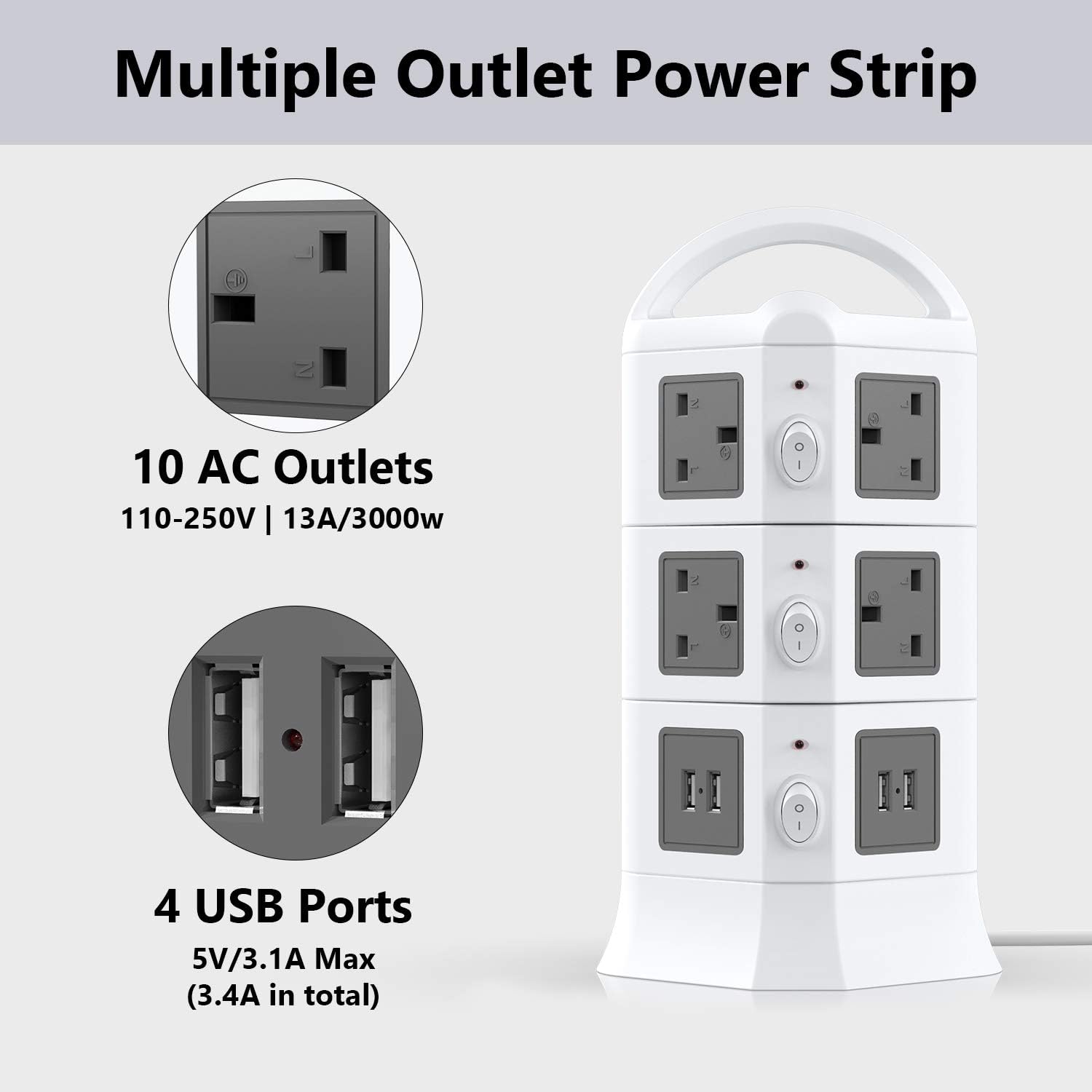 10 Way Outlets Tower Power Strip with 4 USB Ports,5V/3.1A Per Port Max ...