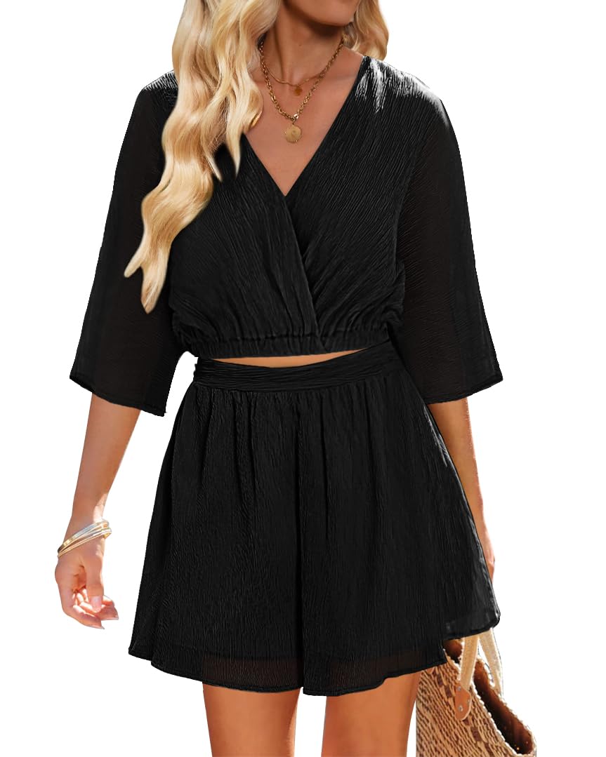 Vetinee Black 2 Piece Outfit Dressy Tops Summer Shorts Womens Clothes ...