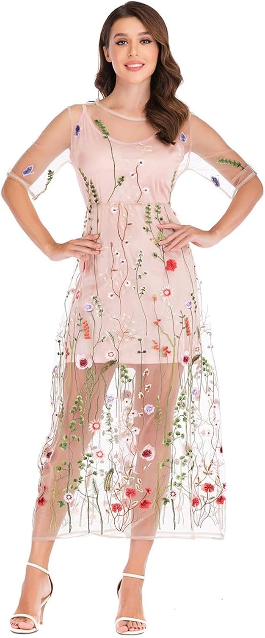 HGYGY Spitzenkleid für Frauen, Gestickte Spitze Rundhals Frische Stil ...