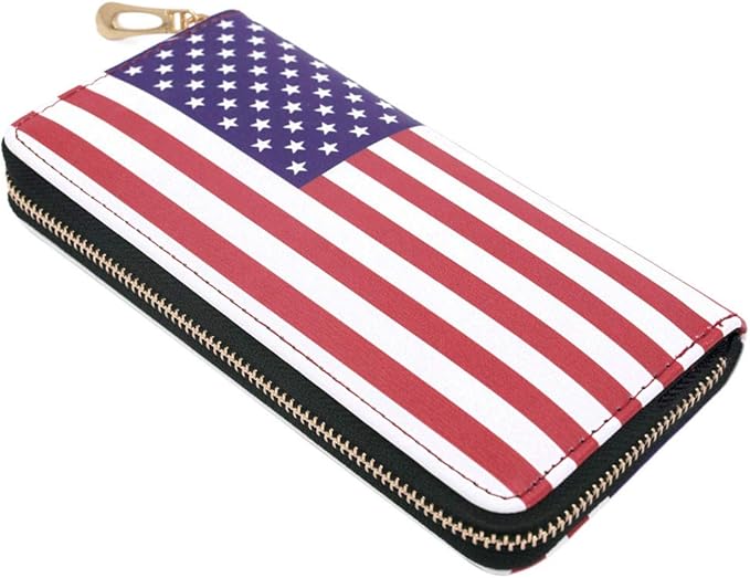 Premium USA US American Flag Print PU Leather Zip Around Wallet at ...