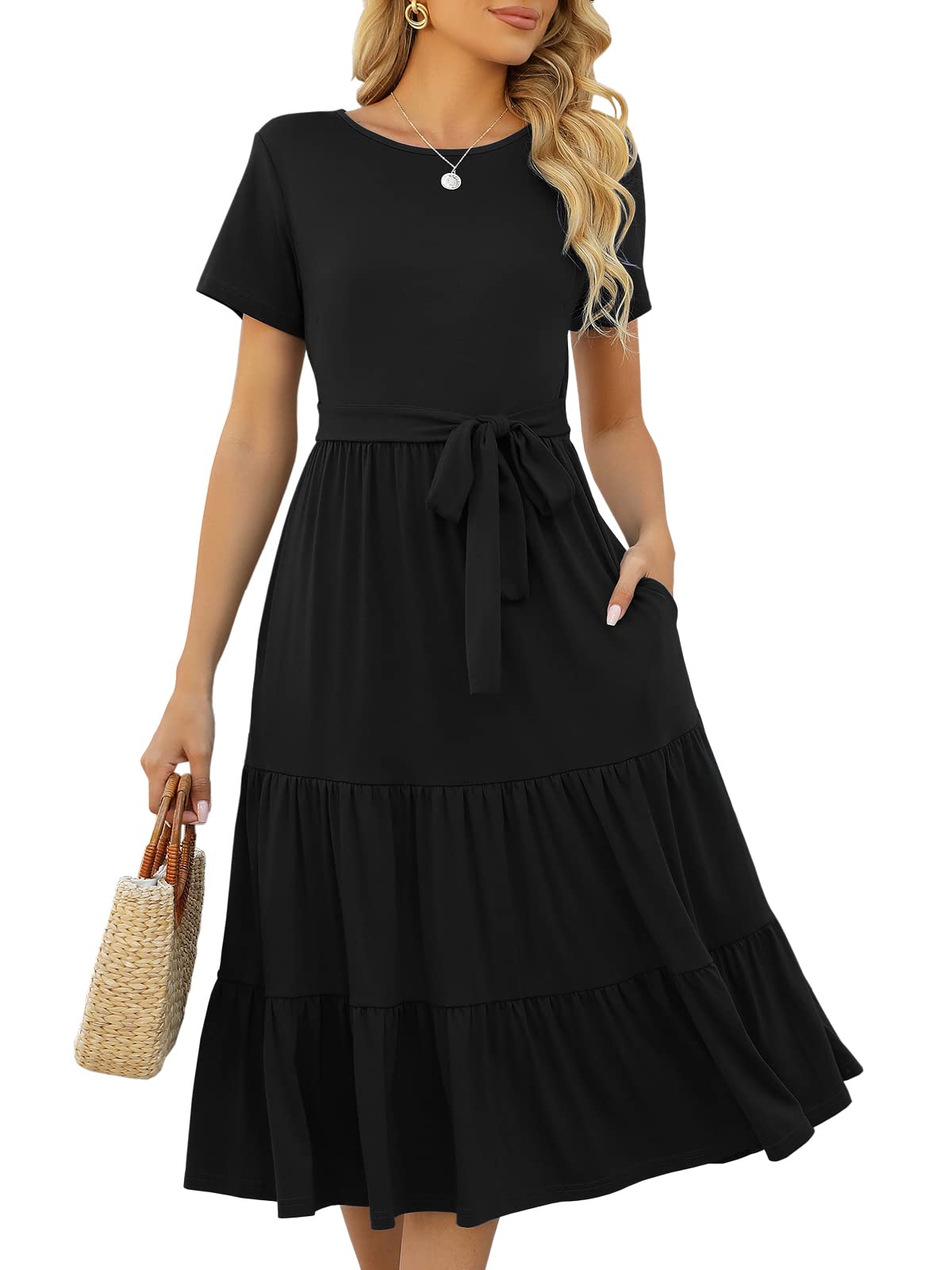 Lyrur Black Sundress Womens Short Sleeve Belted Tiered Midi Babydoll ...