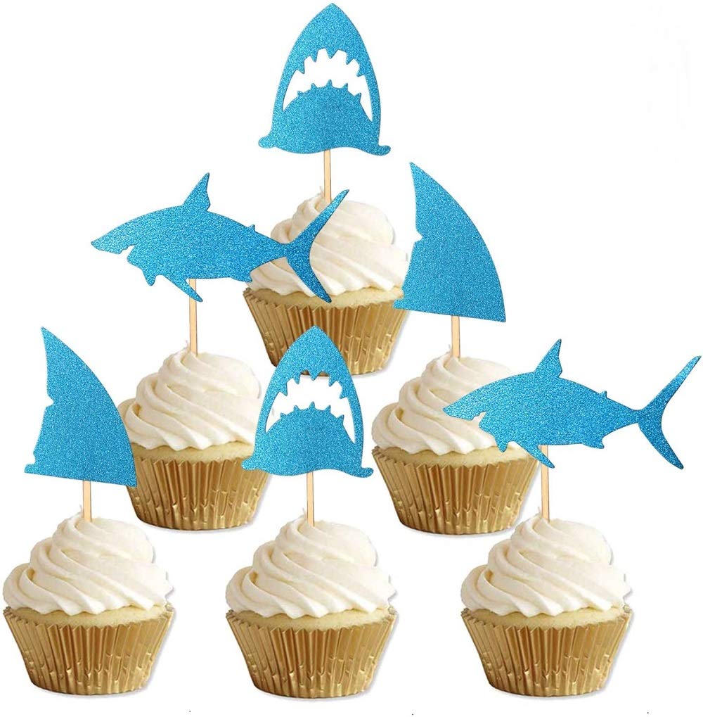 ALISSAR 24-pack Glitter Shark Cupcake Toppers, Shark Fin Cupcake ...