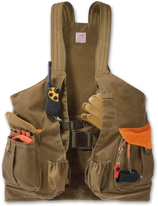 Filson Men's Pro Guide Tin Cloth Strap Vest (Super, Tan/Blaze Orange ...