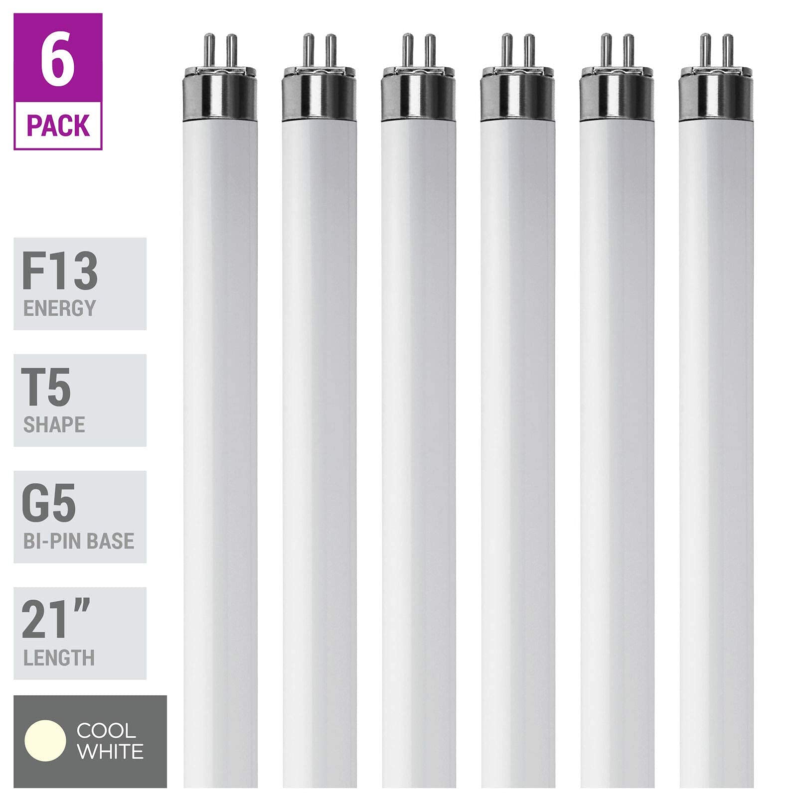 KOR (Pack Of 6) F13T5/CW - T5 Fluorescent 4100K Cool White - 13 Watt - 21" Super Long Life Light ...