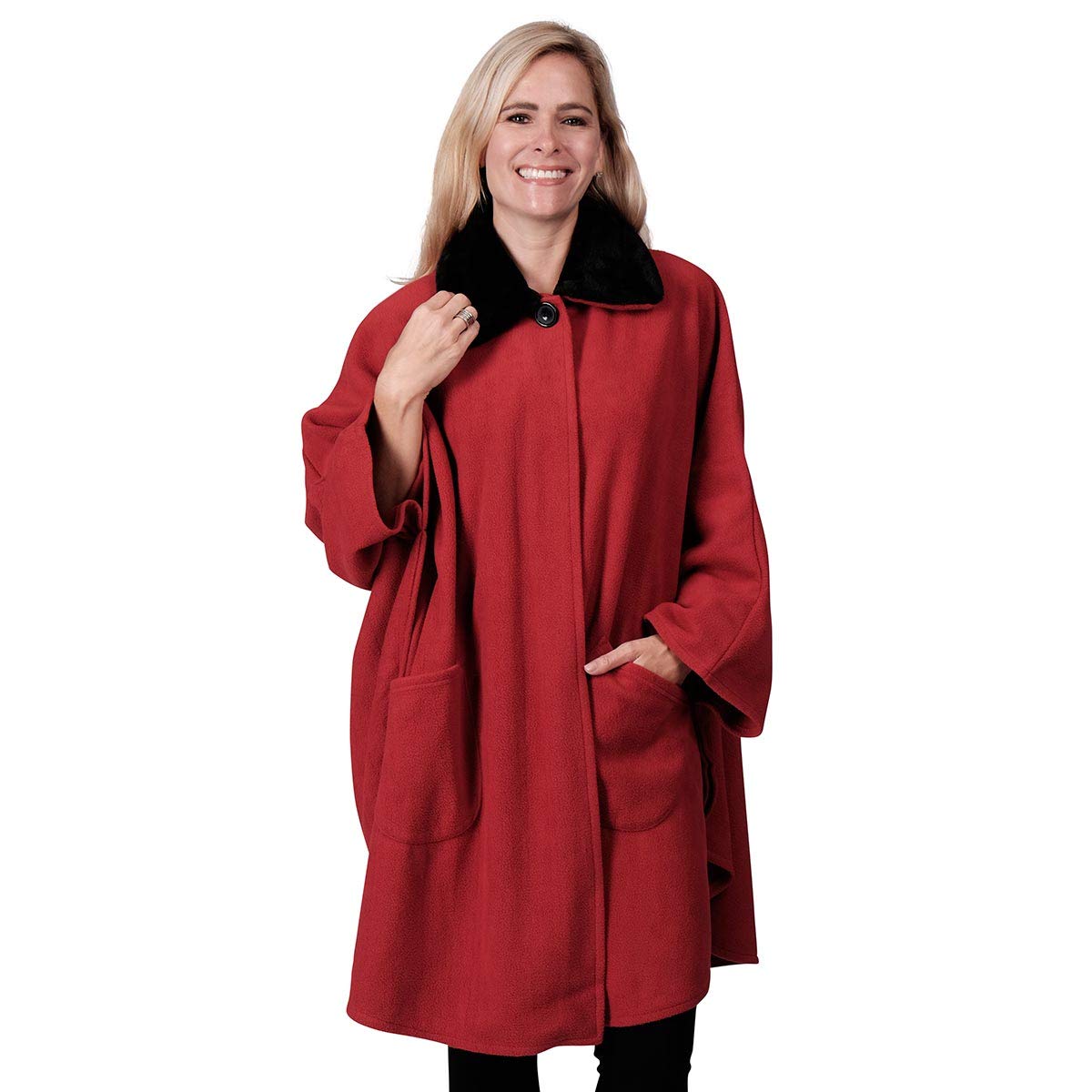 Le Moda Women's Faux Fur Trim Polar Fleece Shawl Cape with Pockets ...